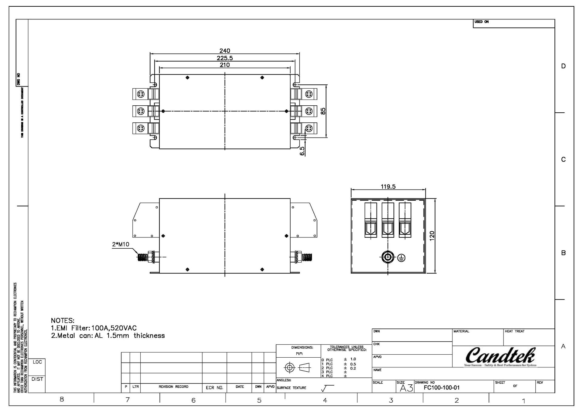 FC100-100-01 100A – 电源杂讯滤波器 EMI/EMC/RFI filter – 肯地科技