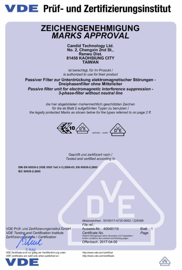 Certificate – Product: EMI/EMC/RFI Candtek filters for RCD